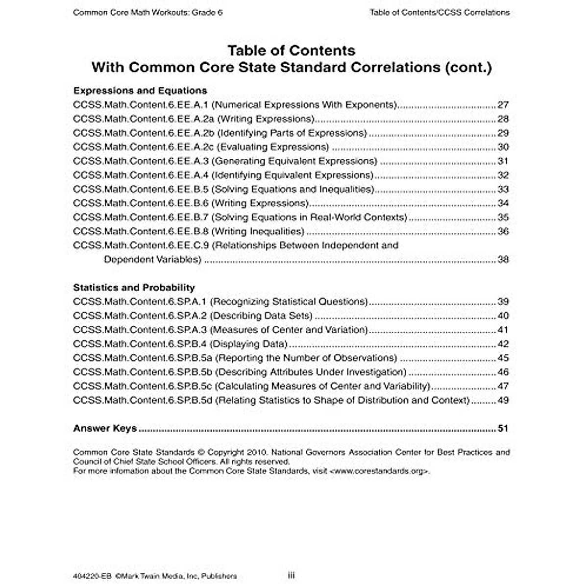 Mark Twain Common Core Math Workouts Resource Book, Grade 6, Ages 11 - 12, 64 Pages