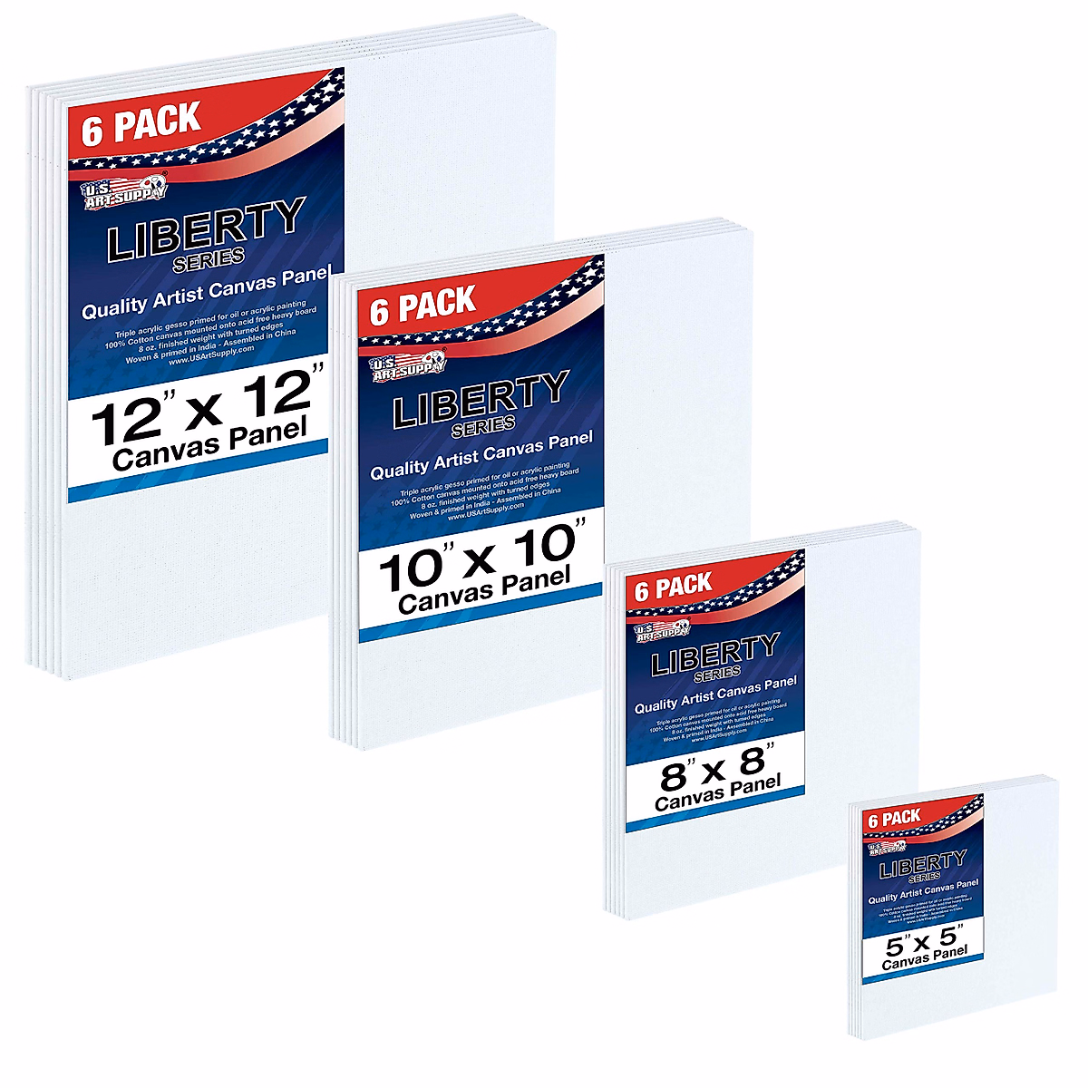 U.S. Art Supply Multi-Pack 6-Ea of 5 x 5, 8 x 8, 10 x 10, 12 x 12 inch. Professional Quality Square Artist Canvas Panel Board Assortment Pack (24 Total Panel Boards)