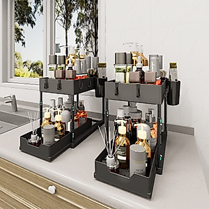 Under Sink Organizers and Storage - Adjustable Height Sliding 2-Tier Pull Out Drawer Rack Multi-Purpose Under Sink Shelf Organizer for Kitchen Bathroom Under Counter Cabinet Storage (Black-2pcs)