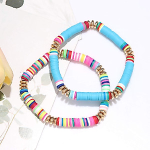 NVENF Heishi Bracelets Rainbow Vinyl Disc Bead Stretch Bracelets for Women Bohemia Stackable Surfer Bracelets for Girls Summer Beach Vacation Accessory (Style A)