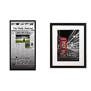 AmericanflatAmericanflat 11x22 Newspaper Frame In Black & 11x14 Black Picture Frame - Displays 8x10 With Mat or 11x14 Without Mat - Composite Wood with Shatter Resistant Glass