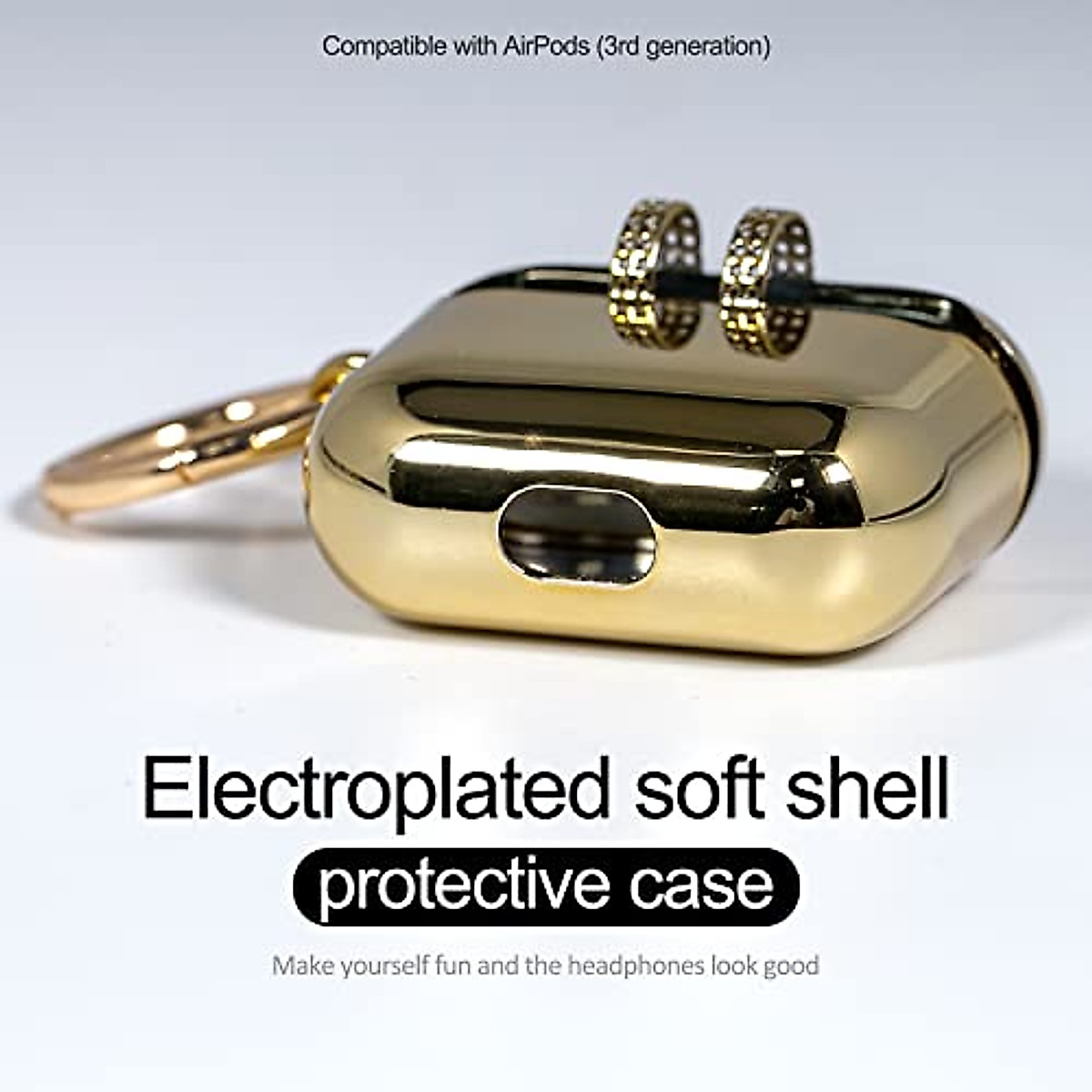 AirPods 3 Case Cover, Shiny Plated TPU Protective Accessories with Keychain Compatible with Apple AirPod 3rd Generation 2021 for Women Men Girls Boys,One-Piece [Front LED Visible]- Gold