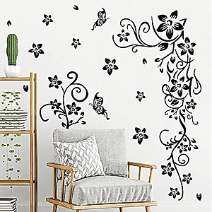 LiveGallery Removable Black Vinyl Flowers Wall Decals DIY Flower Vines and Butterfly Wall Stickers Decor Peel Stick Art Decoration for Teens Room Baby Girls Bedroom Living Room Home Wall Corner