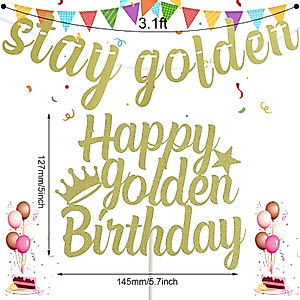 Happy Golden Birthday Cake Topper, Stay Golden Glitter Banner Gold Birthday Decorations Golden Girls Party Supplies Golden Birthday Gifts Hanging Garland for Boys Girls Birthday Baby Shower Party
