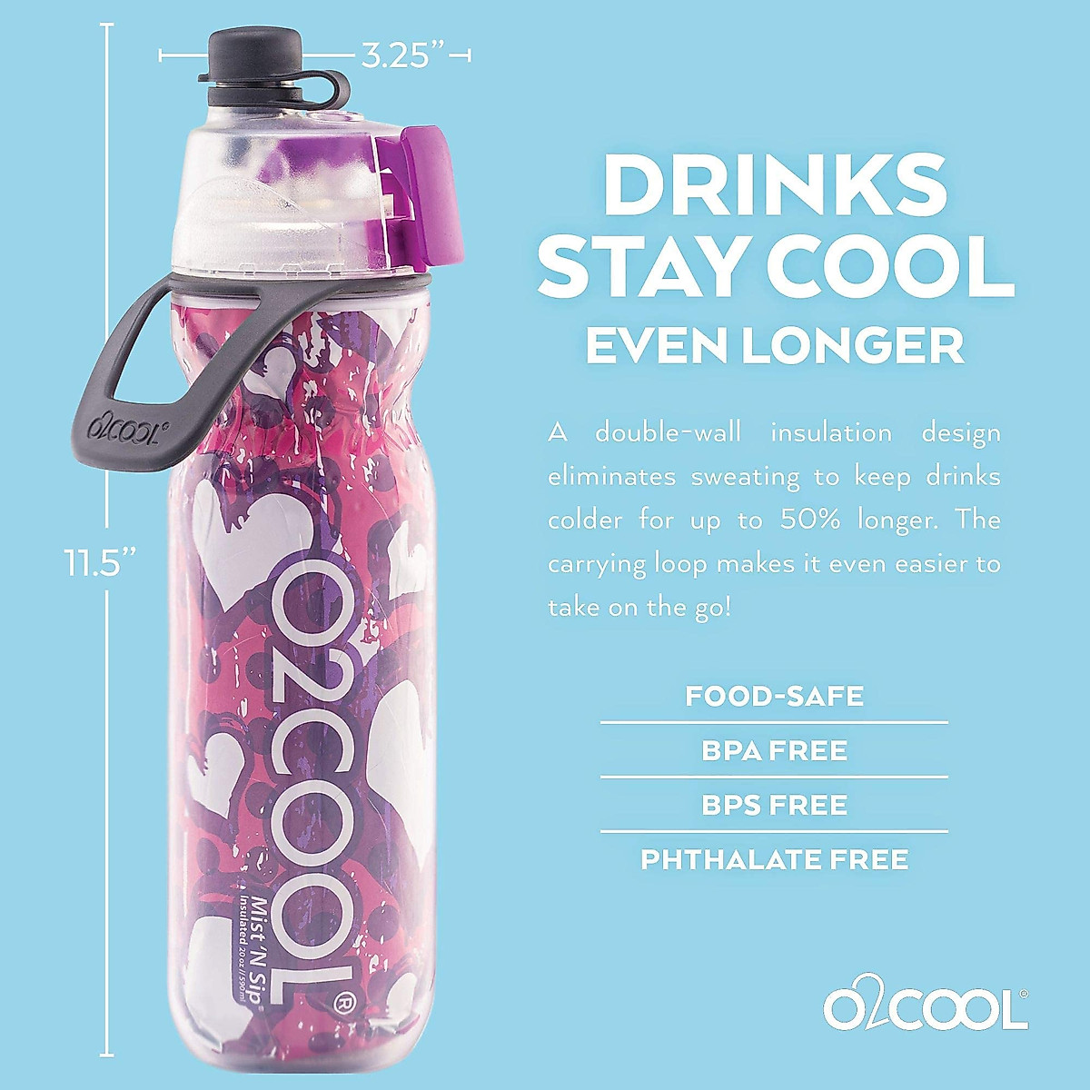 O2COOL Mist 'N Sip Misting Water Bottle 2-in-1 Mist And Sip Function With No Leak Pull Top Spout (Hearts)