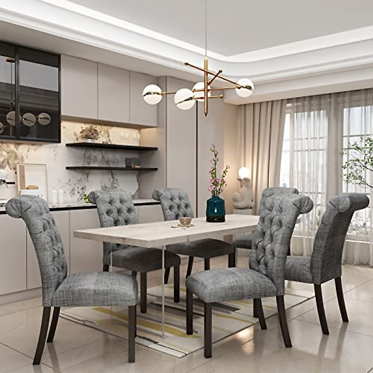 GNIXUU Set of 2 Upholstered Dining Chairs Soft Padded Button Tufted High Back Chairs with Wooden Legs,Easy Assembly. (Grey)