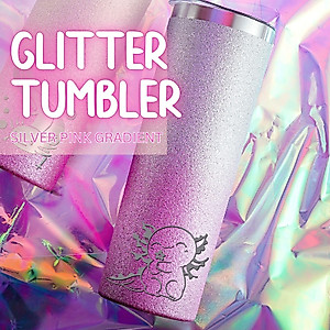 Onebttl Cute Axolotl Gifts for Girls/Women, Axolotl Stuff, Axolotl Water Bottle, Insulated 20 oz Stainless Steel Skinny Tumbler with Straw, Brush, Lid, and Gifts Box, Pink-Silver Gradient Glitter