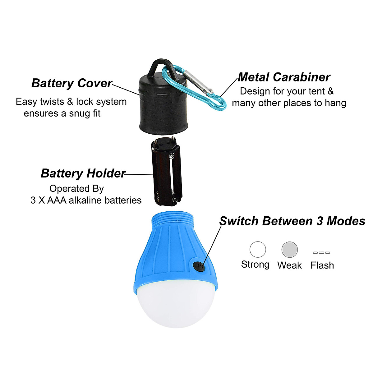 Home-X LED Camping Lights, Power Outage Supplies, Indoor/Outdoor Battery-Operated LED Lights with Hooks, Set of 2, Each 5" L x 2 ¾” W x 2 ¾” H, 1 Blue, 1 Orange