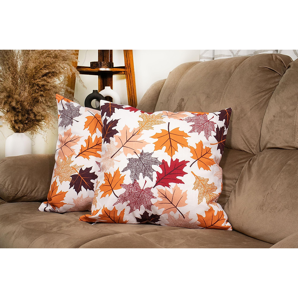 PurpleEssences Autumn Decorations Fall Porch Outdoor Throw Pillow Covers Décor Maple Leaves Farmhouse Cushion Cases 16 x 16 Inch Set of 2 for Home Couch Sofa Patio Bench - Maple Leaves
