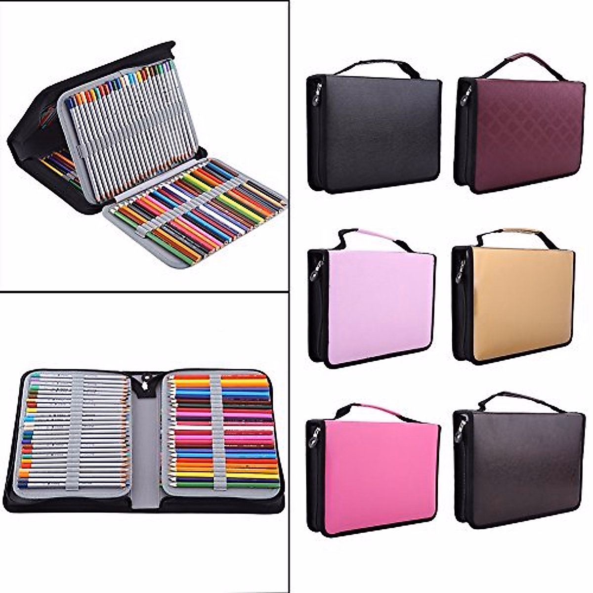 Yosoo 150 Slots PU Leather Fabric Pencil Case Large Capacity Zippered Pen Bag Pouch With Handle S Multi-Layer Art Pencils Storage Organizer Stationary Case, Black