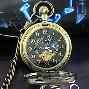 OGLE Waterproof Bronze Black Tourbillon Phases Moon Chain Fob Skeleton Automatic Mechanical Pocket Watch