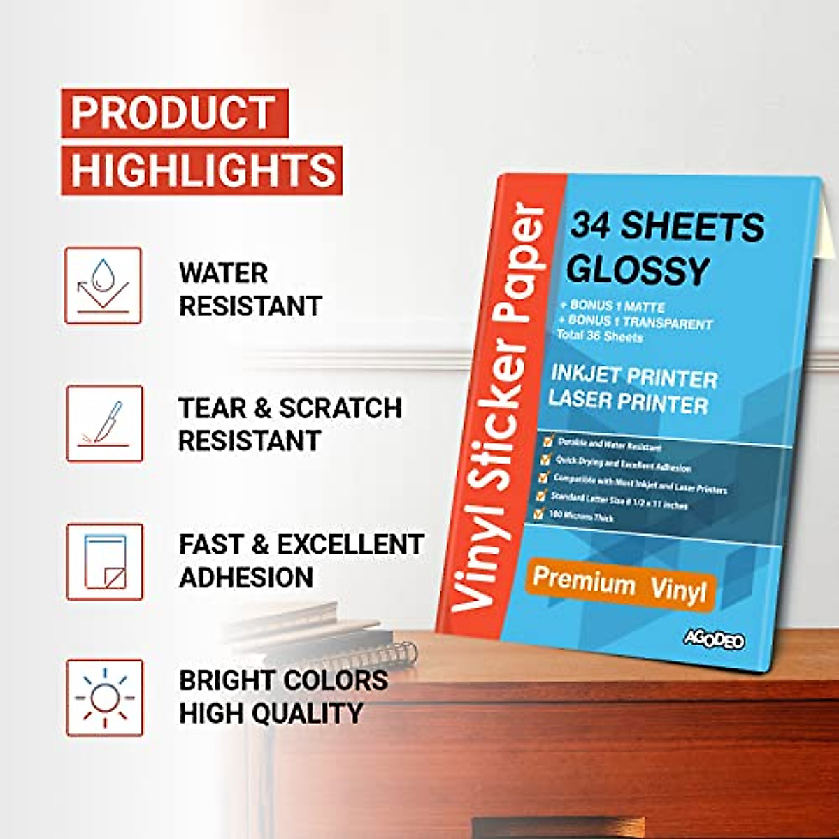 Premium Printable Vinyl Sticker Paper for Inkjet & Laser Printer - 34 Sheets Self-Adhesive Sheets Glossy White Waterproof, Dries Quickly Vivid Colors, Holds Ink well- Tear Resistant (Glossy)