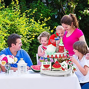 11 Pieces Watermelon Tiered Tray Decor Watermelon Wooden Kitchen Signs Watermelon Gnome Banner Beaded Garland Decor Set My Happy Summer Decor for Summer Fall Rustic Decor (Red)