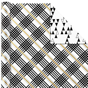 Hallmark Reversible Wrapping Paper Bundle with Ribbon & Gift Tag Stickers - Black, Gold Stripes, Plaid (3 Pack, 120 sq. ft. ttl, 30 Yds. Mini Ribbon, 36 Labels) for Graduations, Weddings, Christmas