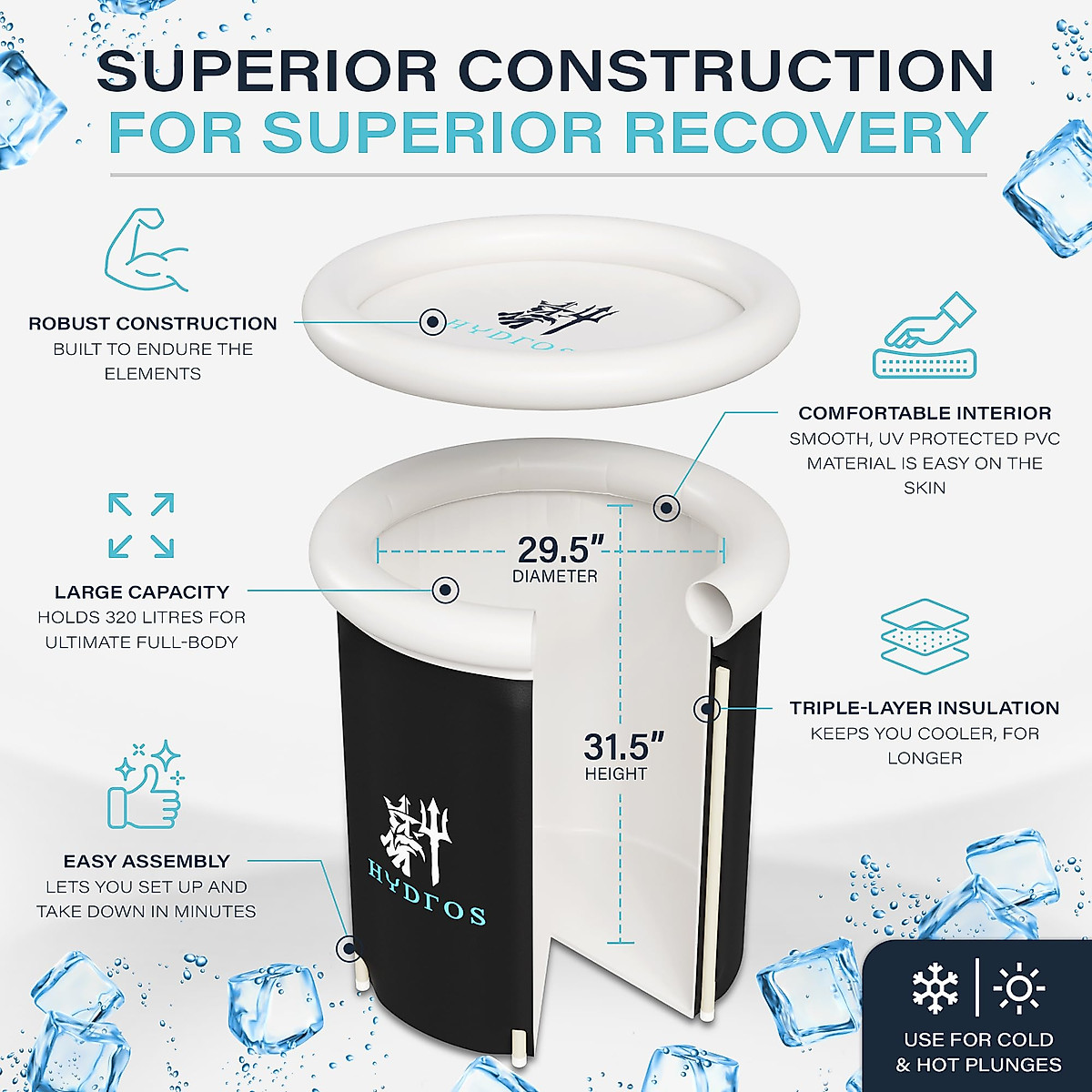HYDROS Portable Cold Plunge Tub - Portable Ice Bath Tub For Athletes - Easy to Assemble Ice Plunge Bath - 3 Thermal Insulated Layers + Drain Tap - Ice Baths at Home - Ice Pod, Large Cold Therapy Bath