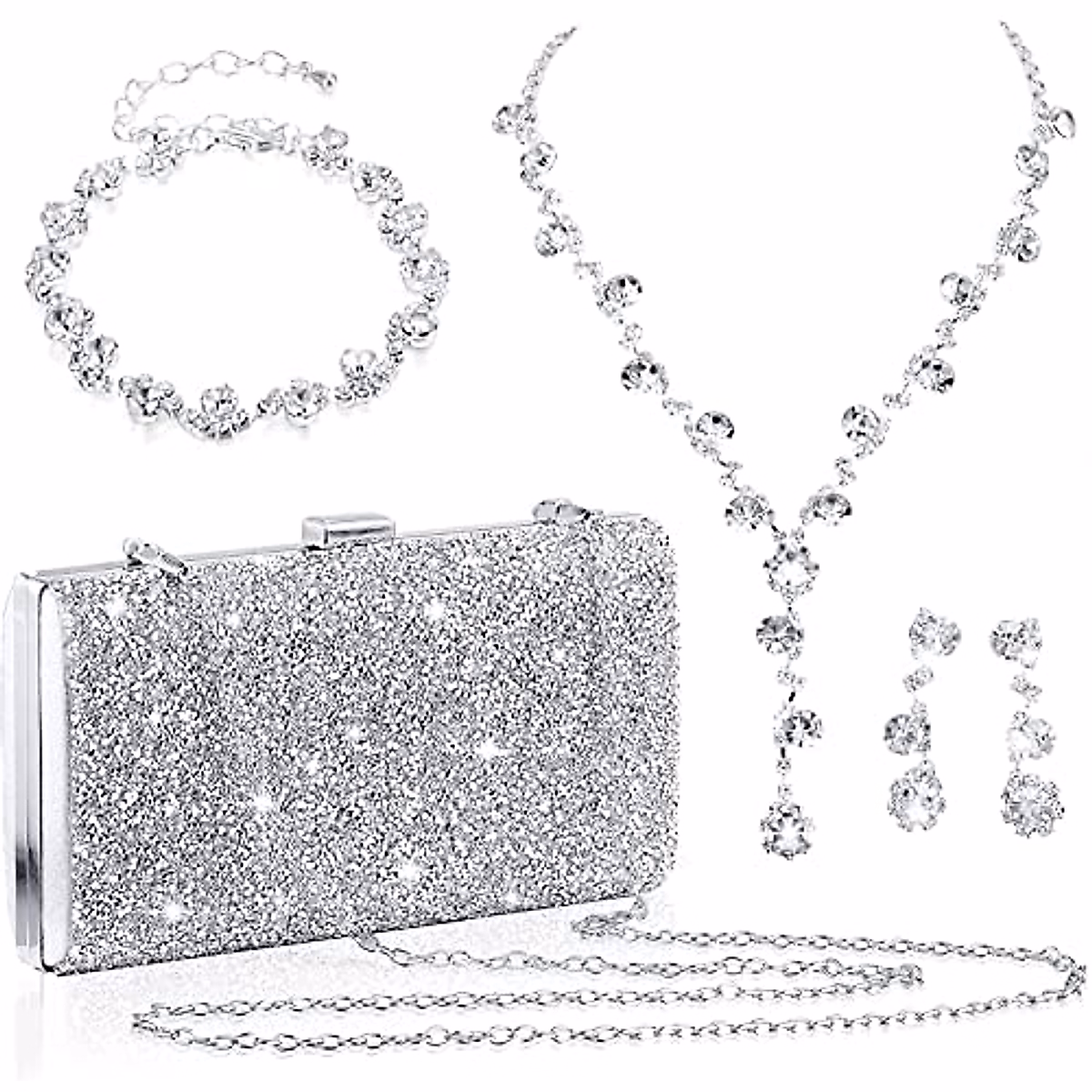 4 Pieces Women Rhinestone Evening Clutch Bag Rhinestone Ear Clip Bridal Wedding Choker Bracelet Dangle Prom Jewelry Set for Women Silver Evening Bag Bling Glitter Purse for Girls Party (Elegant Style)