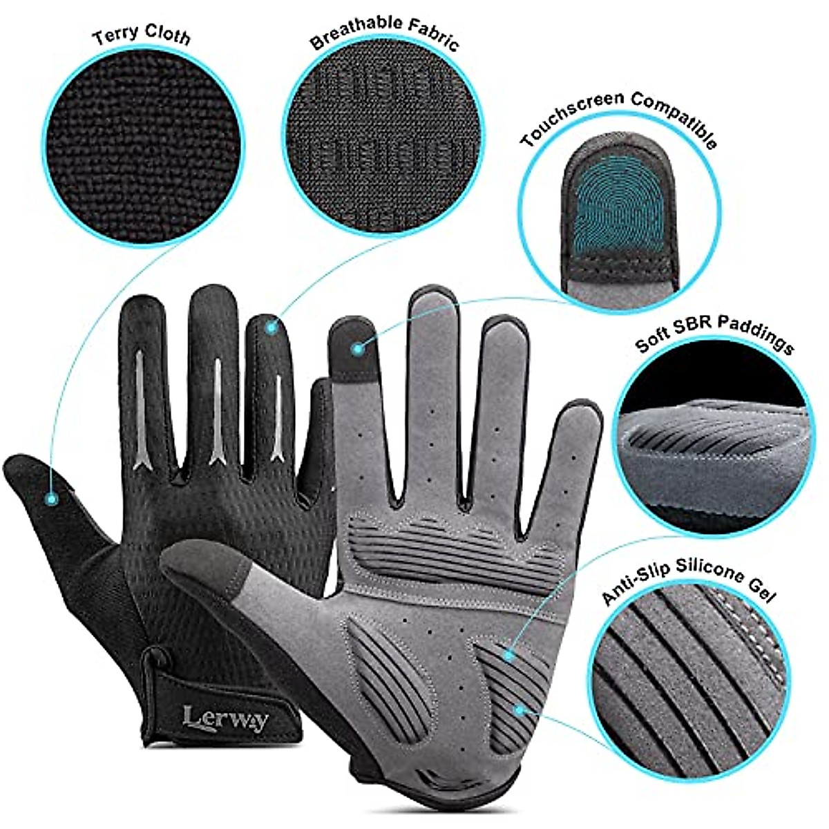 LERWAY Cycling Gloves Mountain Bike Gloves: Touch Screen Full Finger Gloves Lightweight MTB Bicycle Gloves for Men Women Breathable Anti-Skid Shock-Absorbing Padded Gloves for Summer Biking Running