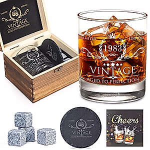 40th Birthday Gifts for Men Whiskey Glass Set - 40th Birthday Decorations, Party Supplies - 40 Year Anniversary, Bday Gifts Ideas for Him, Dad, Husband, Friends - Wood Box & Whiskey Stones & Coaster