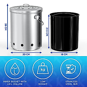 Stainless Steel Compost Bin for Kitchen Counter - Odor-Free Indoor Trash Bin with Clever Air Circulation and Filter [1.3 Gallon] - No Need for Plastic Bags Thanks to The Dishwasher Safe Inner bin