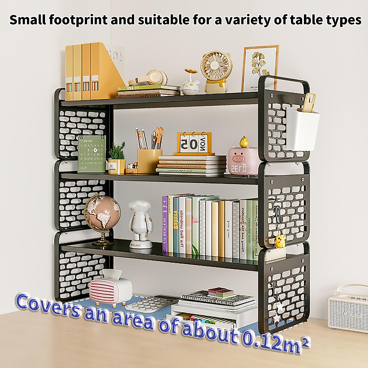 Atkits 3 Tier Desk Hutch Desktop Bookshelf Organizer Desk Hutch Top Only Computer Desktop Bookcase Countertop Storage Hutch Display Rack Table Top Shelves for Desk,Pink,3 Tier