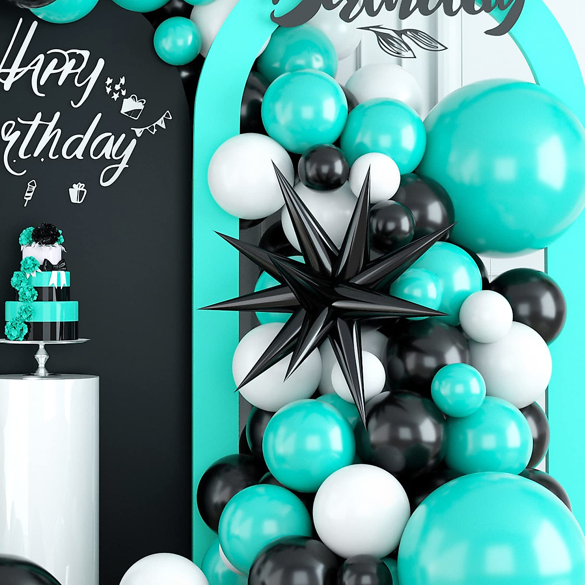 Teal Balloon Arch Kit, Teal Black Balloon Arch, Teal Balloon Garland with Teal White and Black Balloons Silver Star Foil Balloons, Teal Balloon Arch for Birthday Wedding Baby Shower Graduation Party
