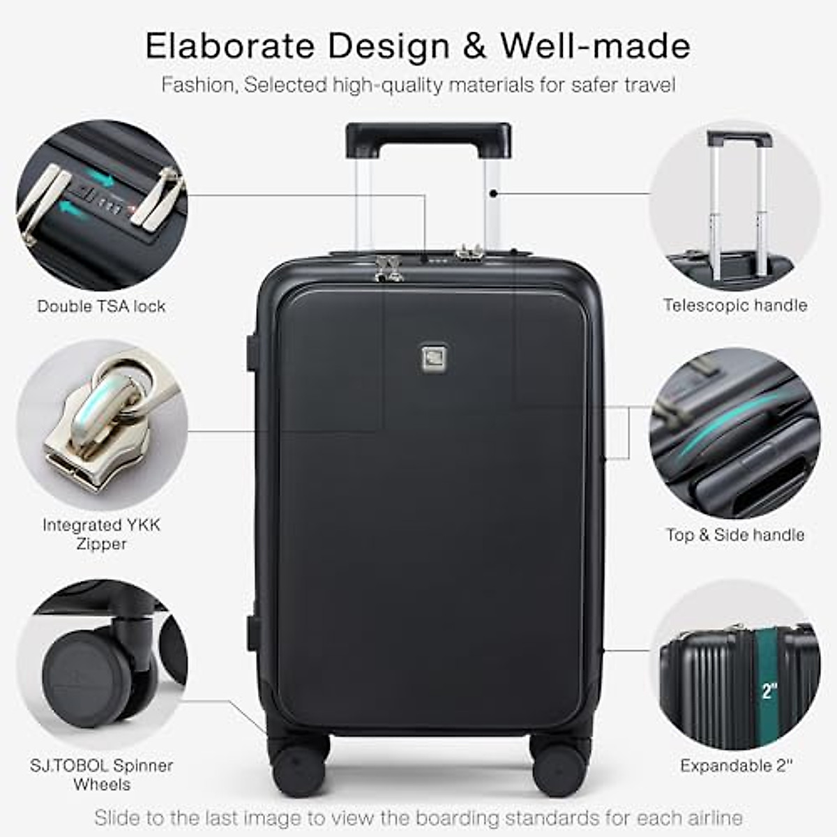 Hanke Grace Expandable Suitcases with Wheels Hardshell Carry On Luggage Airline Approved, 20 Inch Travel Suitcase Lightweight Tsa Luggage for Short Business Trips, Jet Black.