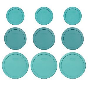 Pyrex Turquoise (3) 7200-PC, (3) 7201-PC, & (3) 7402-PC Round Plastic Food Storage Replacement Lids, Made in USA