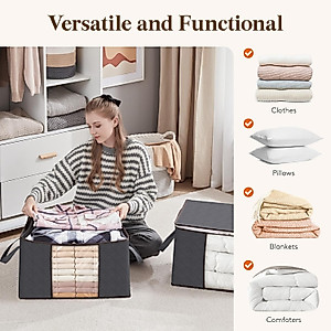 Lifewit Large Capacity Clothes Storage Bag Organizer with Reinforced Handle Thick Fabric for Comforters, Blankets, Bedding, Foldable with Sturdy Zipper, Clear Window, 3 Pack, 90L, Grey