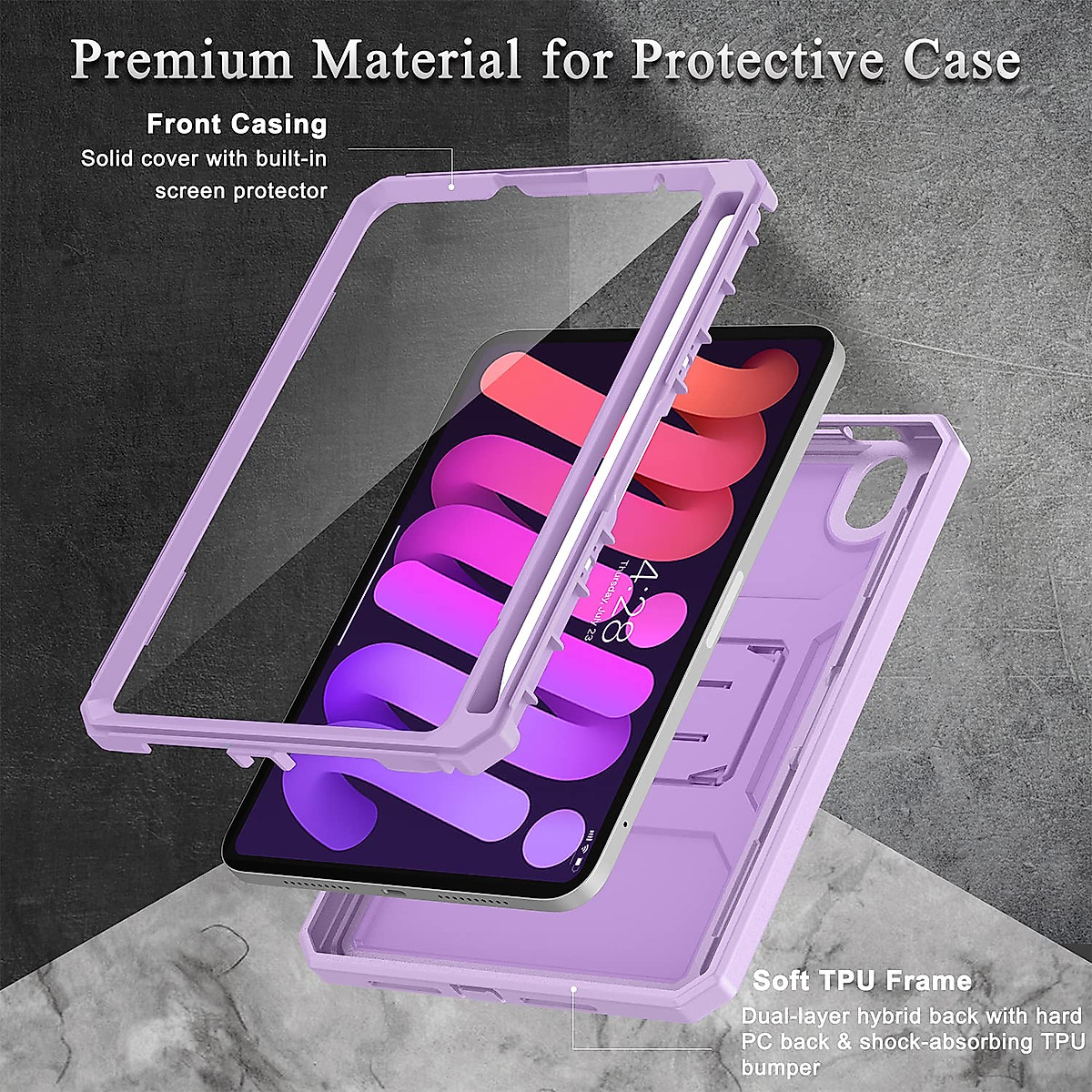 Soke for iPad Mini 6th Generation Case 2021 Released, with Built-in Screen Protector, Rugged Shockproof Full Protective Cover with Pencil Holder & Kickstand for Apple iPad Mini 6 8.3 Inch(Violet)