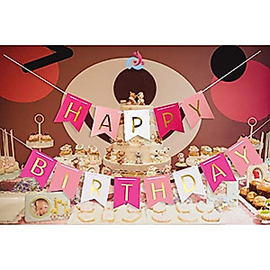 Happy Birthday Banner Rose Pink White Birthday Decorations Kit with 6 Pack Flower Pom Poms + 20 Tassel Garland for Wedding, Baby Shower, Event & Party Supplies