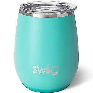 Swig Life 14oz Stemless Wine Cup, Insulated Wine Tumbler with Lid, Stainless Steel Travel Tumbler (Aqua)