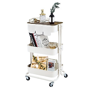 3-Tier Metal Utility Rolling Cart Storage Side End Table with Cover Board for Office Home Kitchen Organization, Cream White