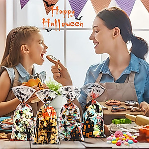 GURVOCY 100PCS Halloween Cellophane Treat Bags with 100pcs Twists, Halloween Goodie bags Candy bags for Snacks Popcorn Cookies Halloween Party Supplies