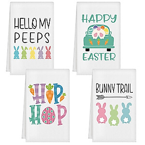 Set of 4 Happy Easter Kitchen Towels Bunny Eggs Easter Dish Towels 26 x 16 Inch Easter Bar Towels for Kitchen Hip Hop Cute Hand Towels Spring Drying Cloth Tea Towels for Baking Cooking Bathroom