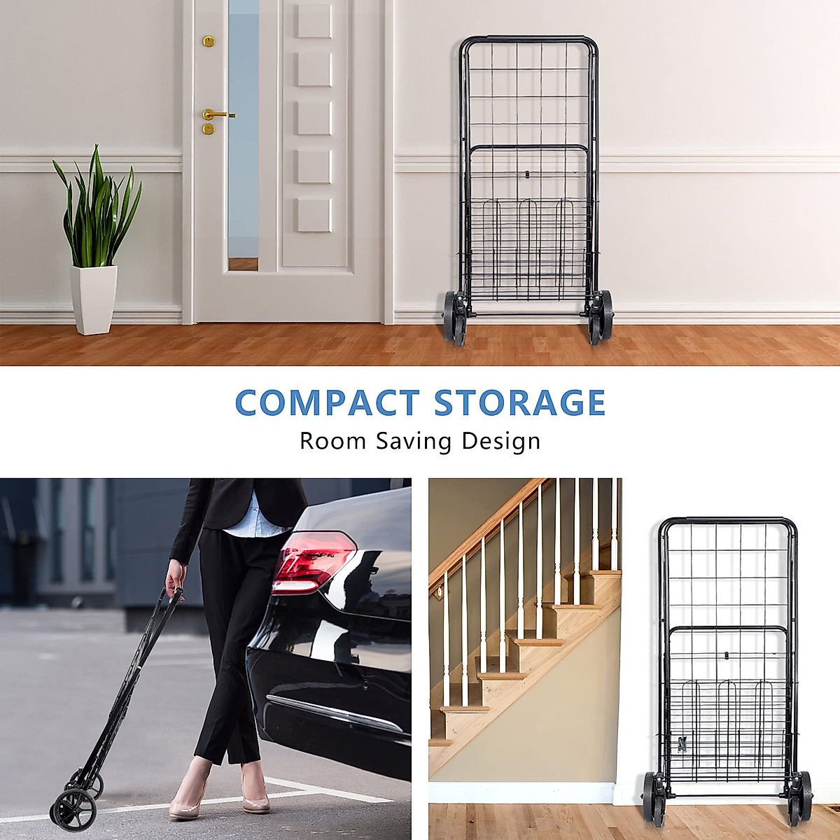 F2C Folding Shopping Cart with Wheels and Double Basket, Grocery Utility Cart Ground Rolling Cart,Collapsible Portable Cart,Compact for Shopping Laundry,Garden, Grocery,Travel, Black¡­