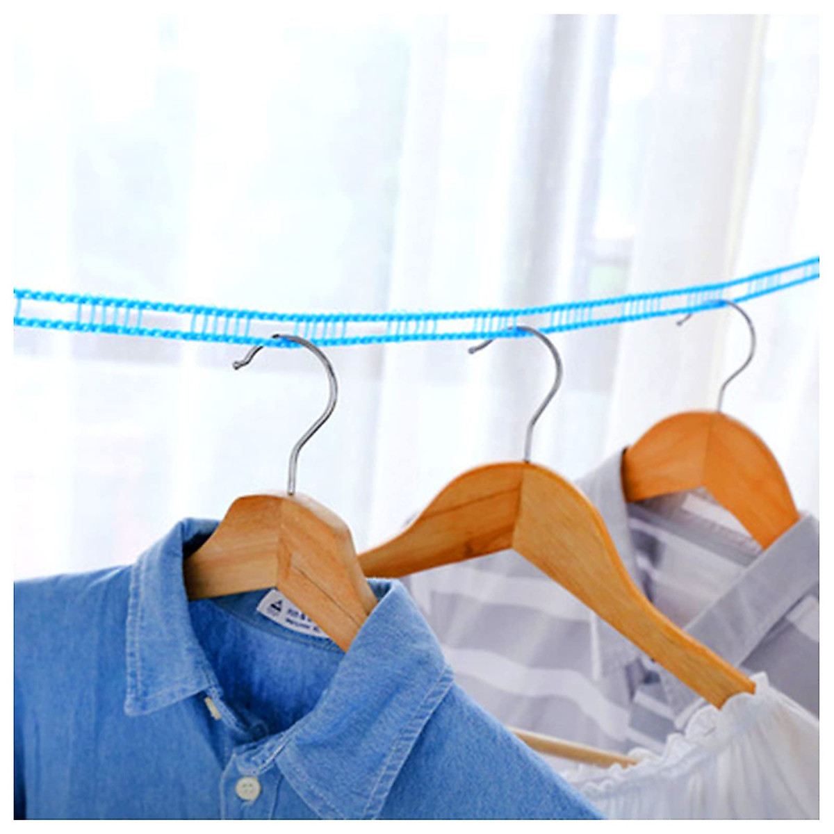 FuninCrea Washing Line 8m, Non-slip and Windproof Clothes Line, Portable Washing Line with 2pcs Stainless Hooks, Fence-Like Rope Washing Line for Indoor Outdoor Camping Traveling(blue)