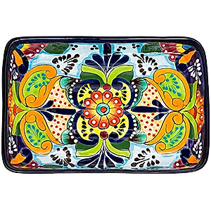 Enchanted Talavera Pottery Mexican Hand Painted Ceramic Rectangle Serving Platter Dish Appetizer Plate Tray Food Mexican Floral Pattern Thanksgiving Holiday Party Fiesta (Large 13.2 x 9 x 2, Multi)