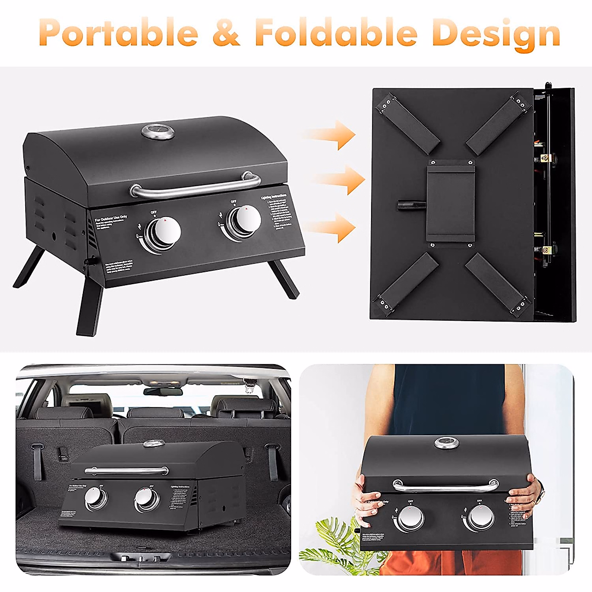 Grill Portable Gas Grill, 20,000 BTU Two Burner Tabletop Barbecue Grill w/Built-in Thermometer, Grease Tray, Waterproof Top Lid, Folding Legs, Compact Propane Grill for Backyard, Camping, Picnic