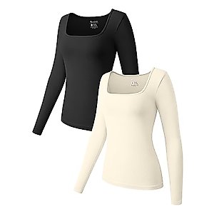 OQQ Women's 2 Piece Shirt Long Sleeve Square Neck Stretch Fitted Underscrubs Layer, Black,beige, Large