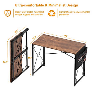 VECELO Folding Desk with Storage Bag 39 Inch Writing Desk Home Office Sturdy Steel Laptop Table for Home Office Work Rustic Brown