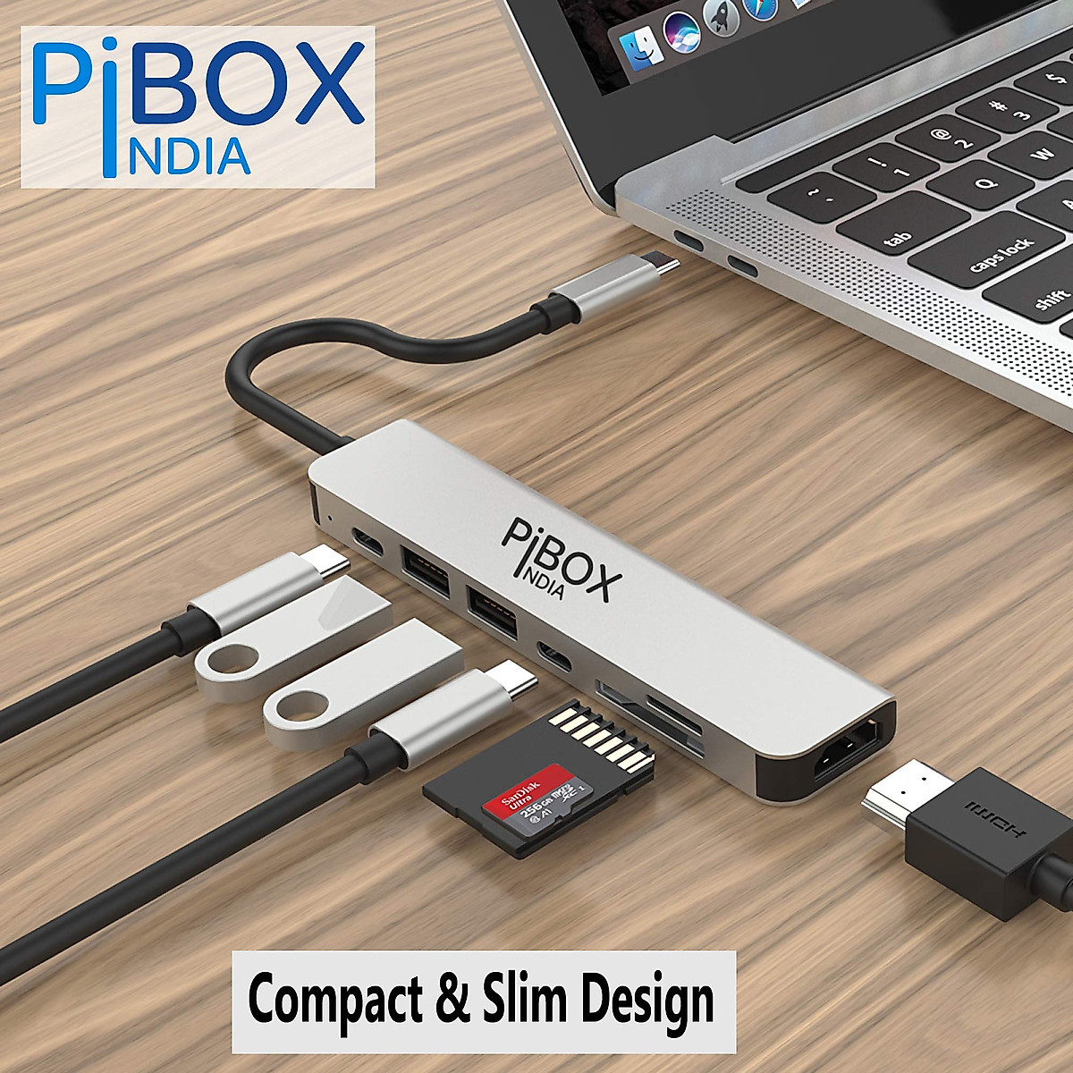 pibox India - USB C Hub Dock- 7 in 1 with HDCP 2.2, Aluminum Type C Adapter with 4K HDMI Port, USB 3.0 Port, USB-C Power Delivery, TF/SD Card Reader, MacBook Air, Pro/Dell (Grey)
