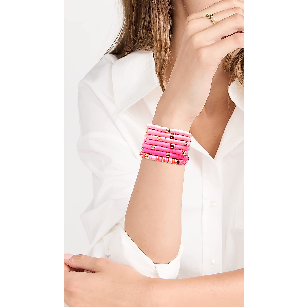 LYNMOS Colorful Heishi Clay Bead Bracelet Set for Women Stackable Vinyl Disc Polymer Beaded Stretch Bracelets Preppy Bohemian Summer Beach Bracelets Jewelry (B-Pink, 6.8 Inch)