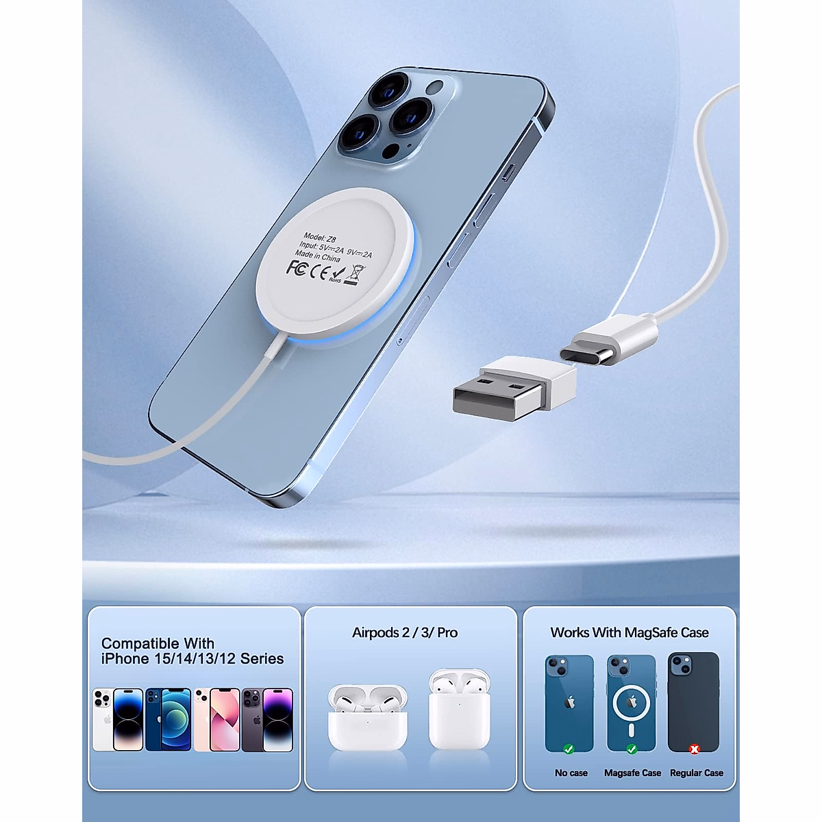 Magnetic Wireless Apple Mag-Safe Charger for iPhone 15/14/13/12 Series, AirPods 3/2/Pro - LED Magnet Pad With Dual Charging Ports