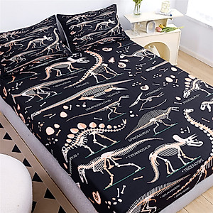 URLINENS Dinosaur Fitted Sheet Twin Size, Jurassic Evolution Dino Bones Bedding Set 2 Piece 1 Fitted Sheet and 1 Pillowcase, Wildlife Dinosaur Sheet Set for Kids Boys Girls Teens Fun Bed Sheet