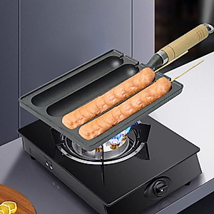 Gralara Sausage Grilling Pan Corn Dog Grill Pan Non Coating Cast Iron 4 Grid Hot Dog Presser Maker Hot Dog Grill Pan for All Stovetop Breakfast, Rectangle