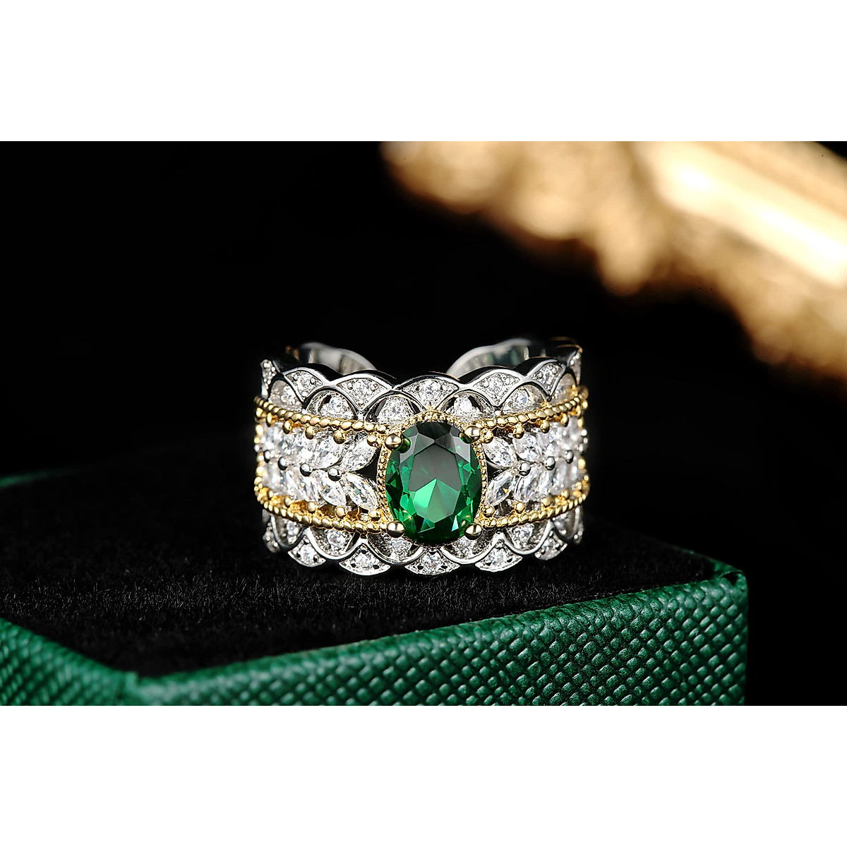 LYLYMIMI Emerald Ring for Women Vintage Adjustable Open rings Gem CZ Women's Ring (Silver)