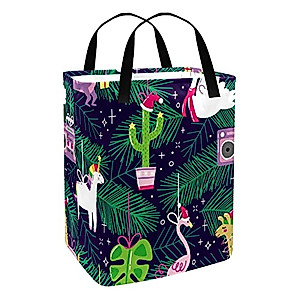 Christmas Hat Dinosaur Flamingo Unicorn Swan Cactus Print Collapsible Laundry Hamper, 60L Waterproof Laundry Baskets Washing Bin Clothes Toys Storage for Dorm Bathroom Bedroom