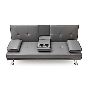 Eafurn Faxu Leather Convertible Sofa Bed with Cup Holders,Folding Futon Couch Recliner Sleeper Loveseat Reversible Daybed, Button Tufted Sofabed with Removable Pillow Top Armrests, Grey 67"