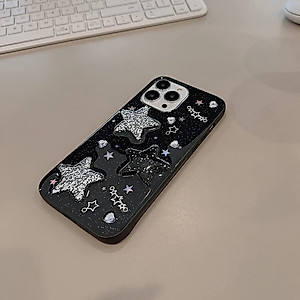 LOLAGIGI for iPhone 13 Pro Max Case Bling Stars 3D Hearts Diamond Twinkle Star Glitter Y2K Spark Luxury Girly Aesthetic Personalized Design for Women Girls Teens TPU Case, 6.7", Black
