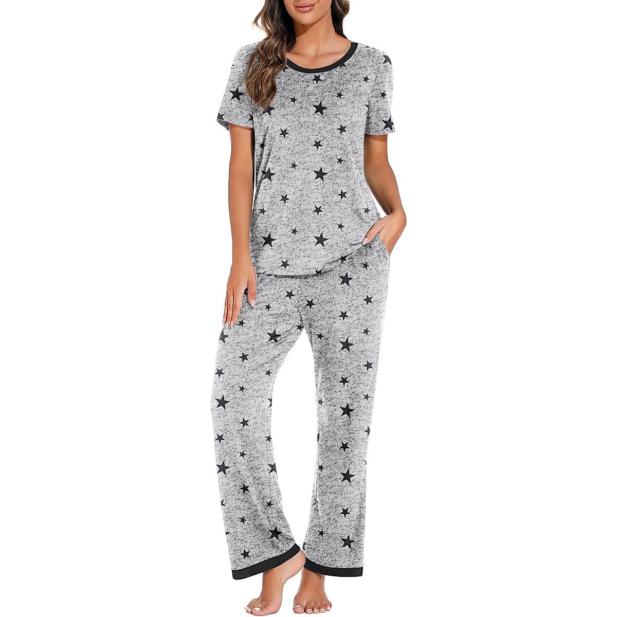 PrinStory 2024 Womens Pajama Set Short Sleeve Sleepwear Ladies Soft Pjs Lounge Set with Pockets Black Star Gray-L